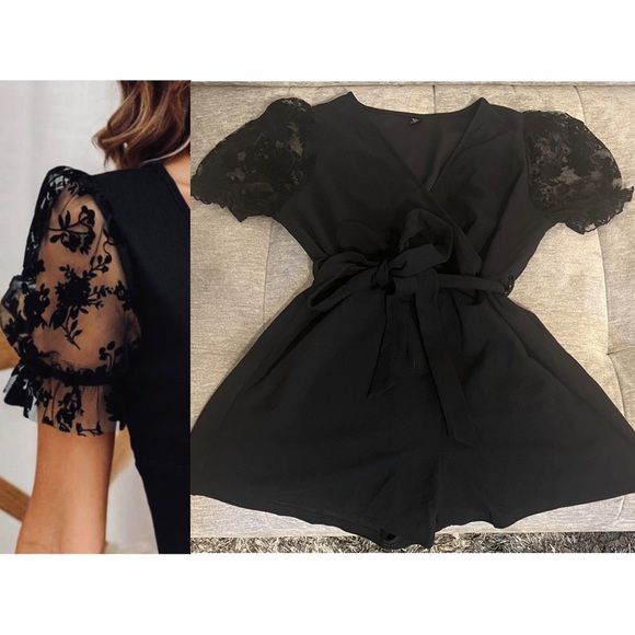 SHEIN | Pants & Jumpsuits | New Black Floral Lace Mesh Puff Sleeve ...